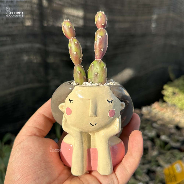 Purple Opuntia in Girl with Hands on Face Planter – Plumpy Succulents